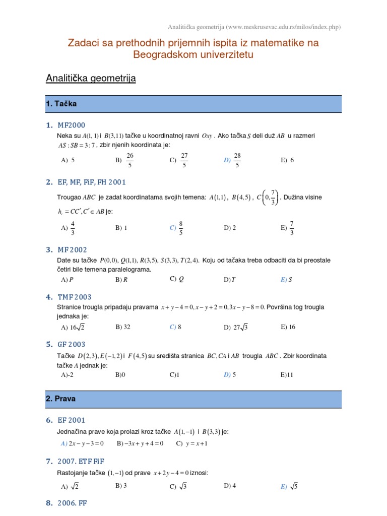 Prijemni - Analiticka Geometrija | PDF