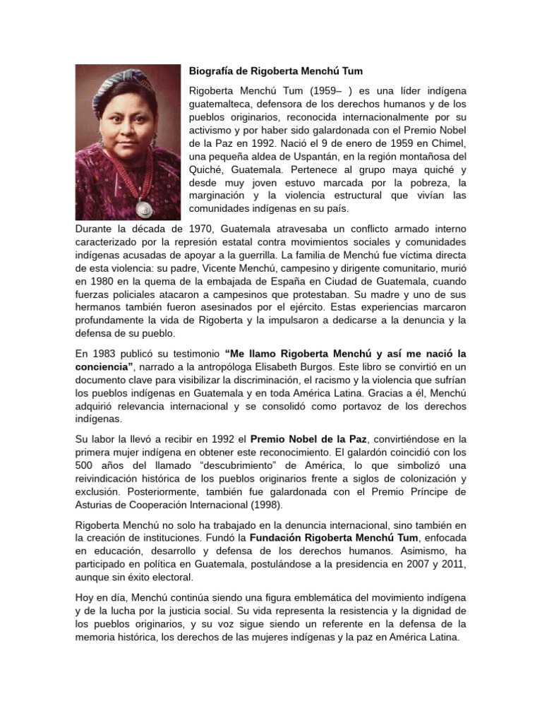 Biografía de Rigoberta Menchú Tum | PDF