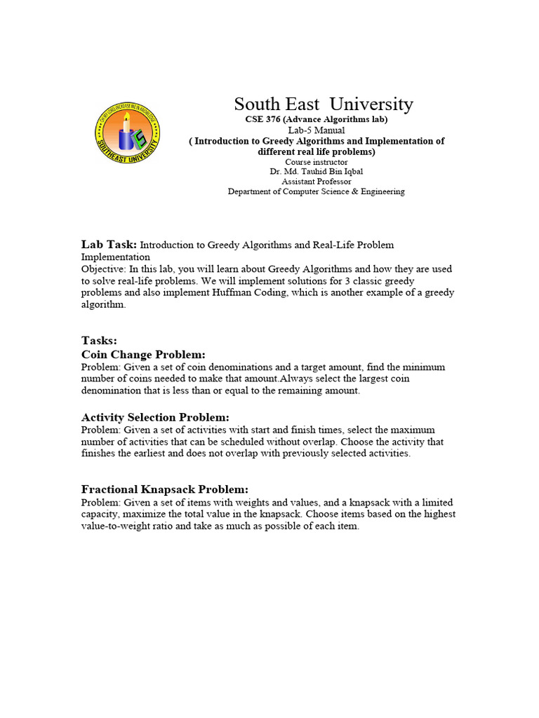 Lab 5 Introdution To Greedy Algorithms and Implementation of Diffrent ...
