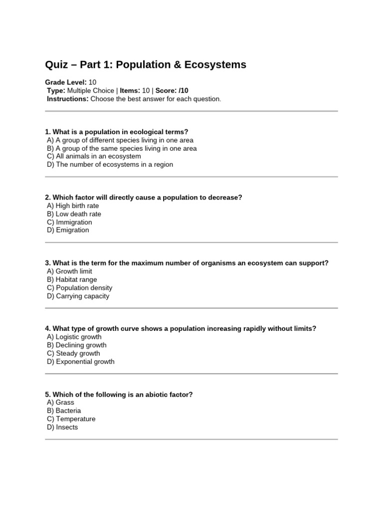 Population & Ecosystems Quiz for 10th Grade | PDF