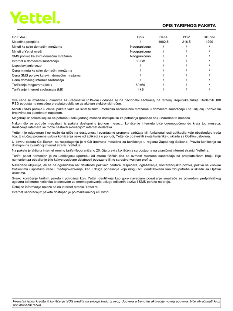 Cenovnik Tarifnog Paketa-10.04.2025 | PDF