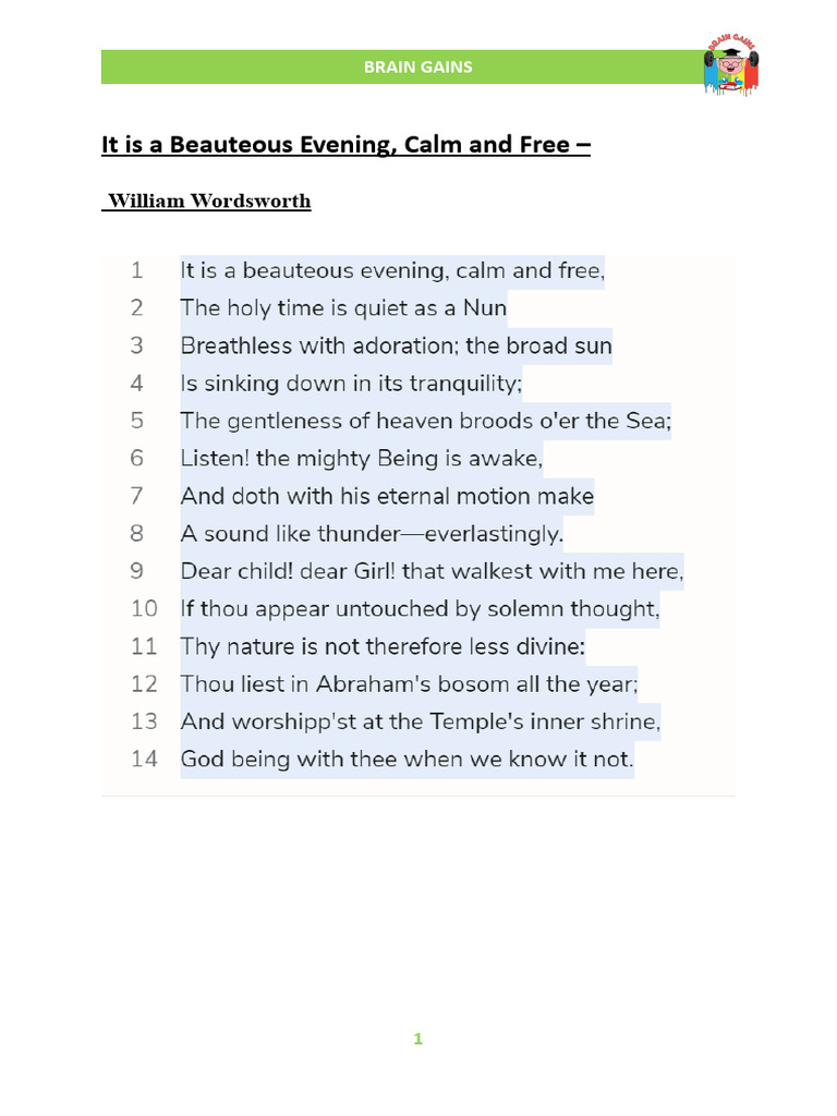 It Is A Beauteous Evening, Calm and Free | PDF