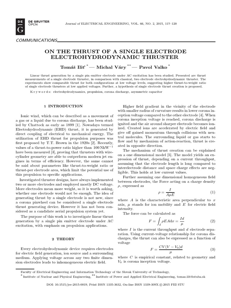 On The Thrust of A Single Electrode Electrohydrodynamic Thruster | PDF ...