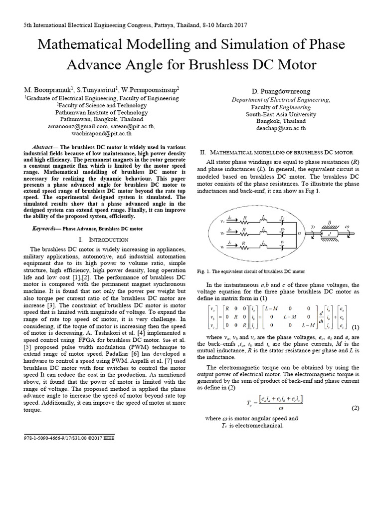 Mathematical Modelling and Simulation of Phase Advance Angle For Brushless DC Motor | PDF ...