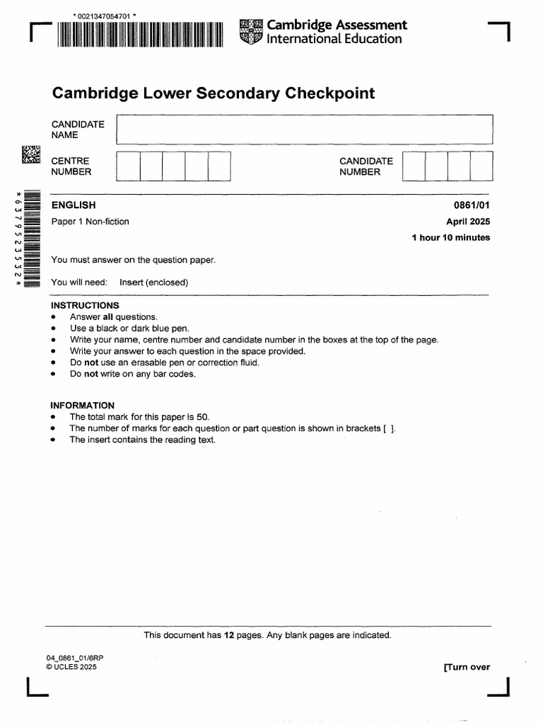 2025 April Cambridge Lower Sec Checkpoint FLE 0861 - 01 | PDF | Written ...