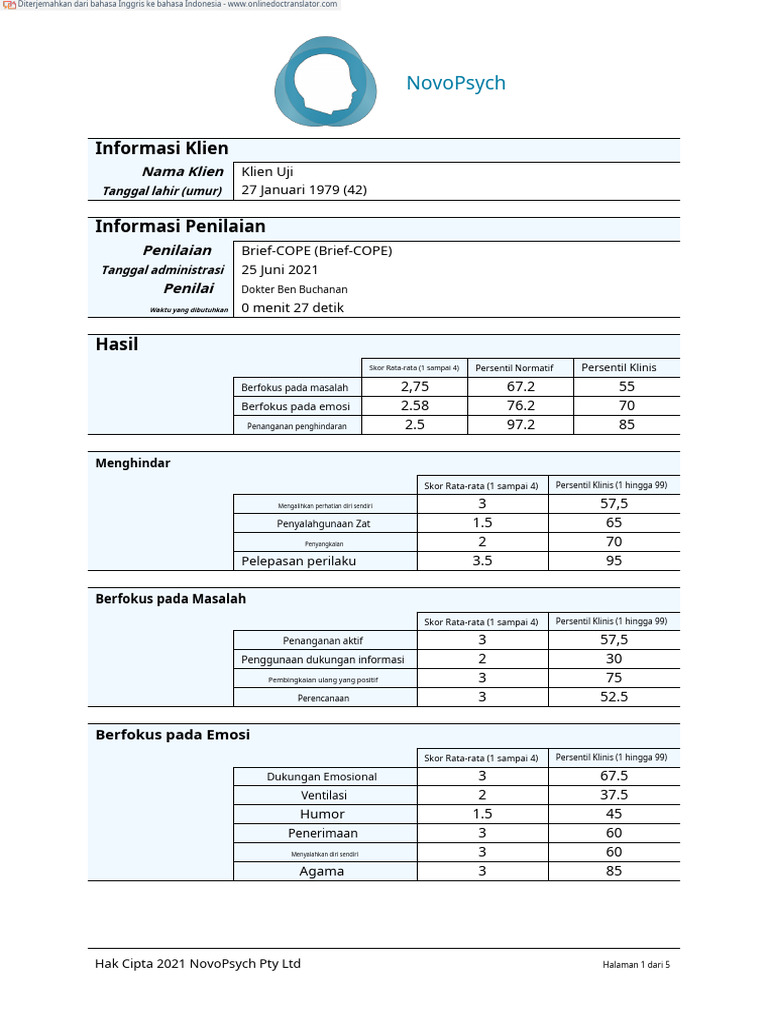 Hasil Penilaian Brief-COPE Klien 2021 | PDF