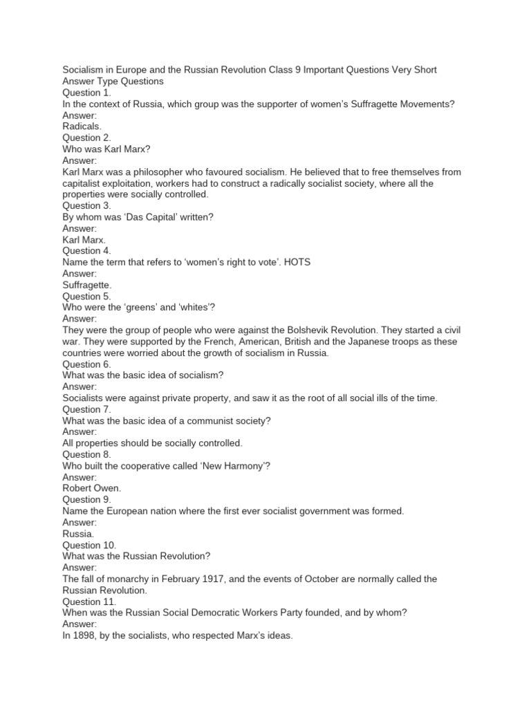 02 Class9 Social Russian Revolution Important Question Answers | PDF ...