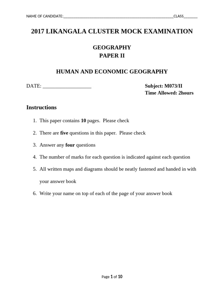 2017 Likangala Geography Mock Exam | PDF | Agriculture | Natural ...