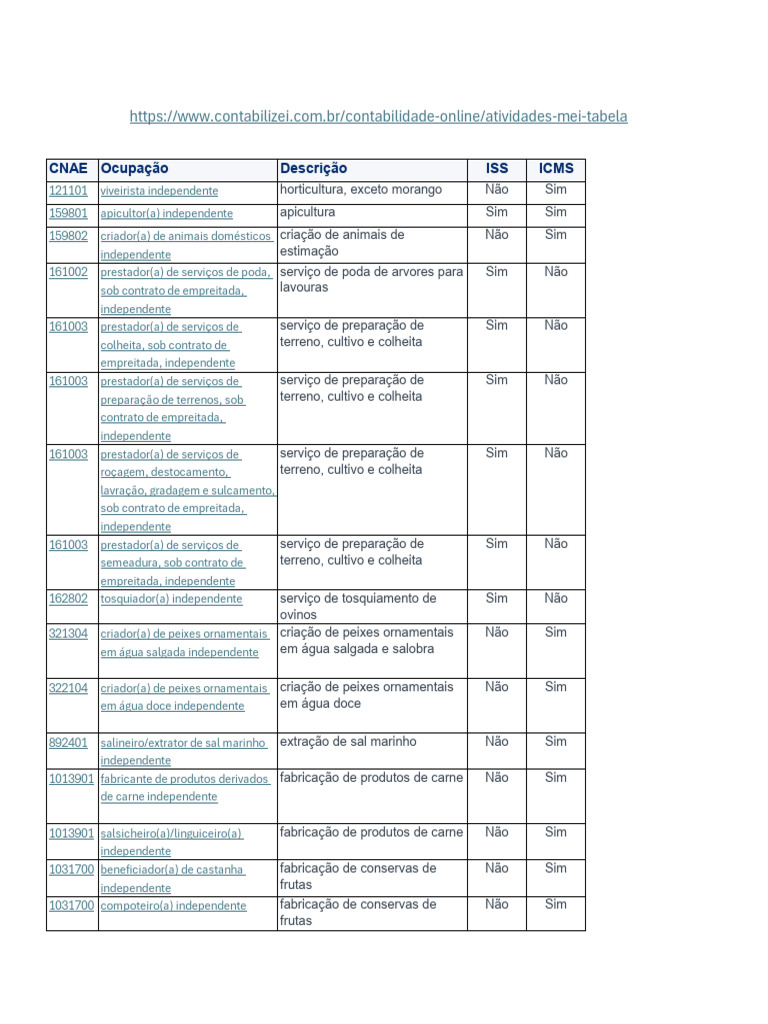 Atividades MEI e CNAE: Tabela Completa | PDF | Têxteis | Industria têxtil