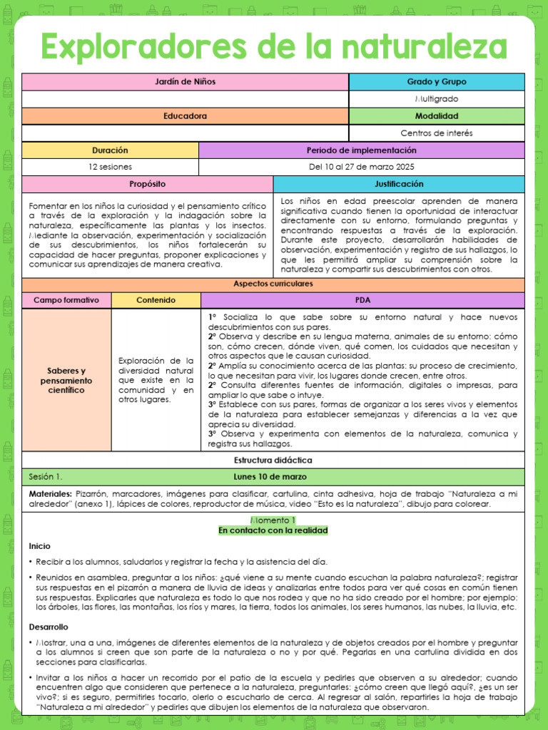 Exploración de la Naturaleza en Preescolar | PDF | Educación de la ...