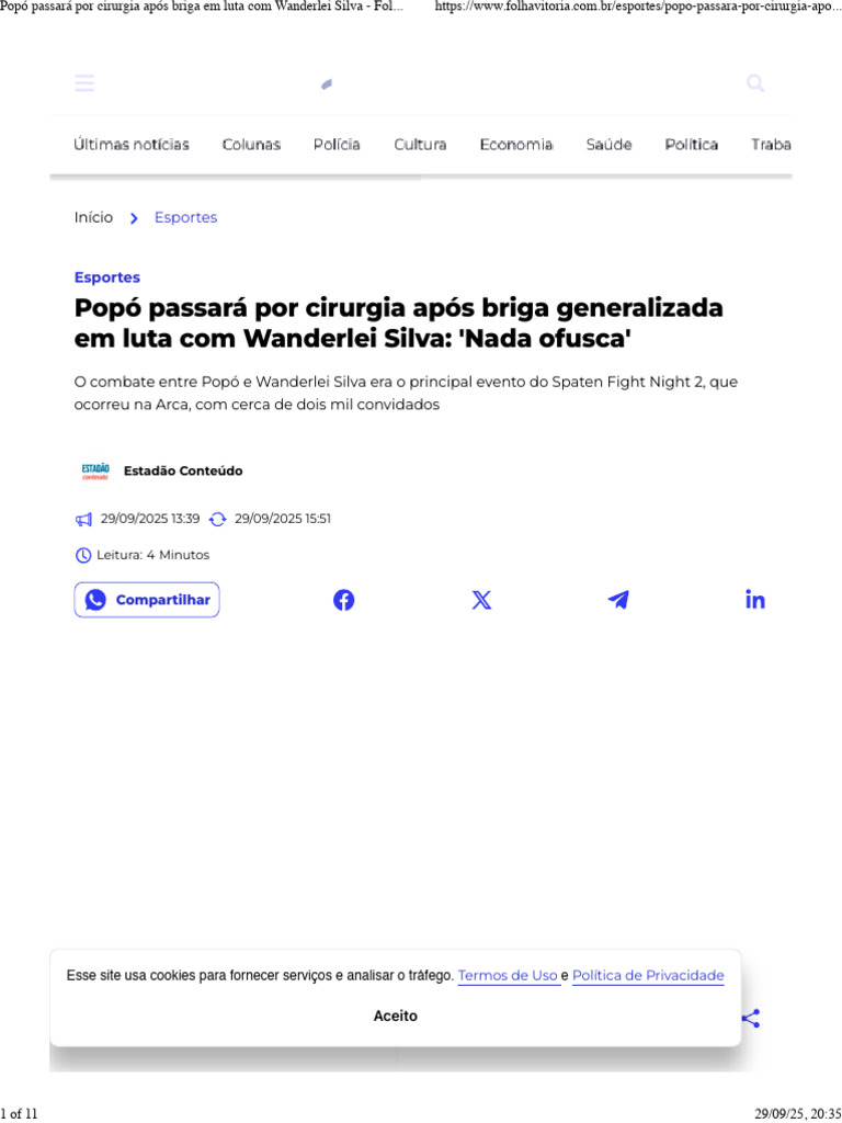 Popó Passará Por Cirurgia Após Briga em Luta Com Wanderlei Silva - Folha Vitória | PDF