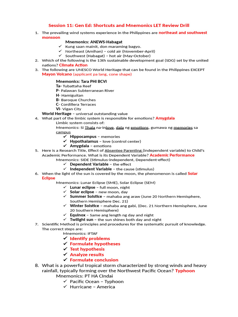 Gen Ed Mnemonics for LET Review Drill | PDF | Cell (Biology) | Oxygen