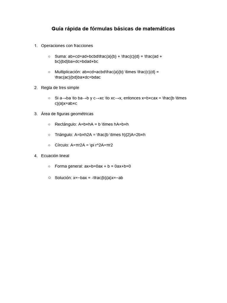 Fórmulas Básicas de Matemáticas | PDF
