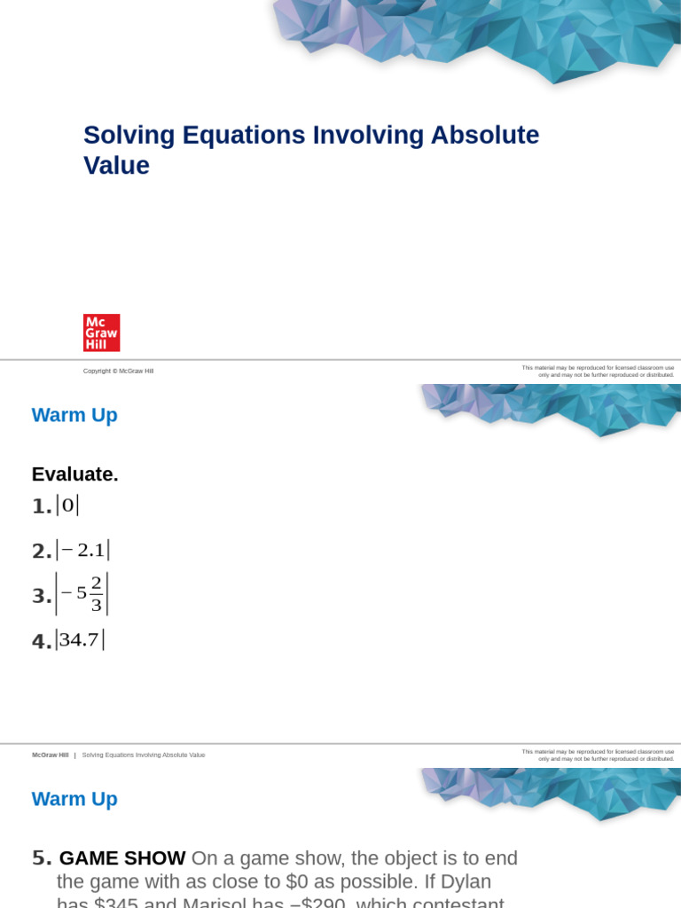Absolute Value Equation Solutions Guide | PDF | Equations ...
