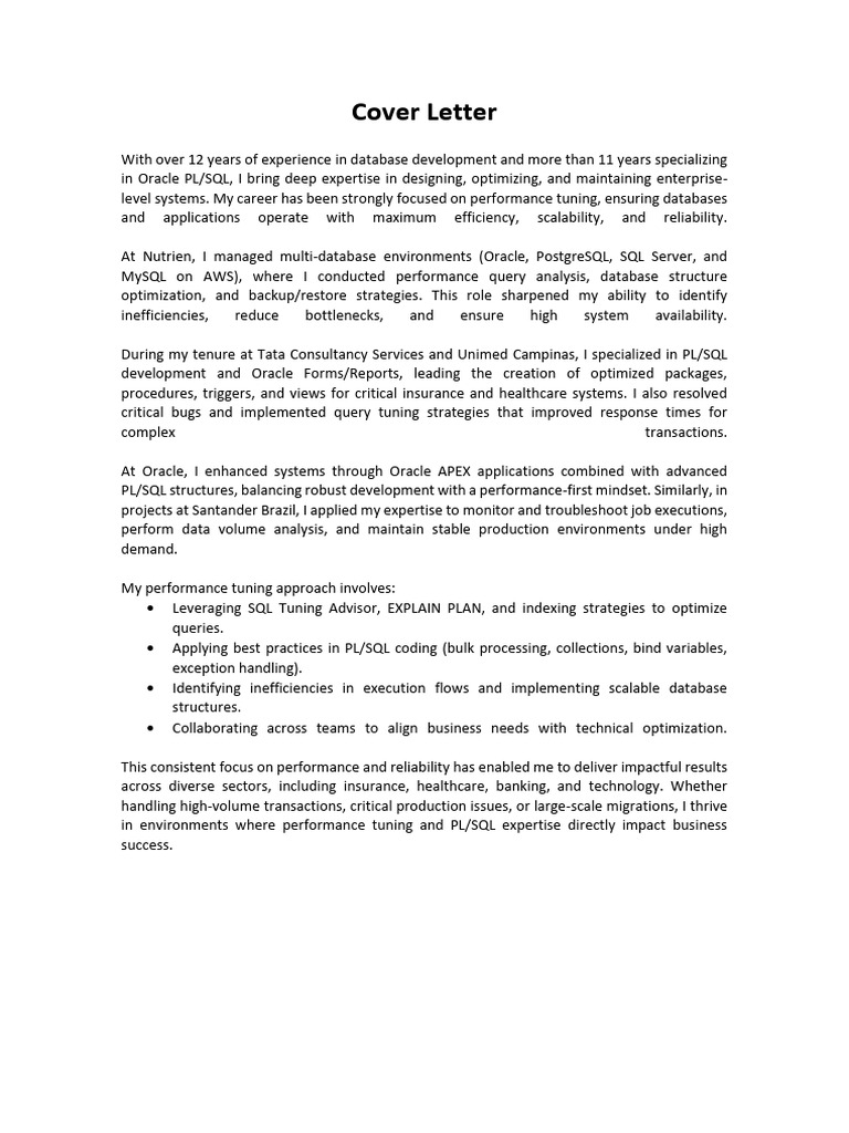 Expert PL/SQL Developer Cover Letter | PDF