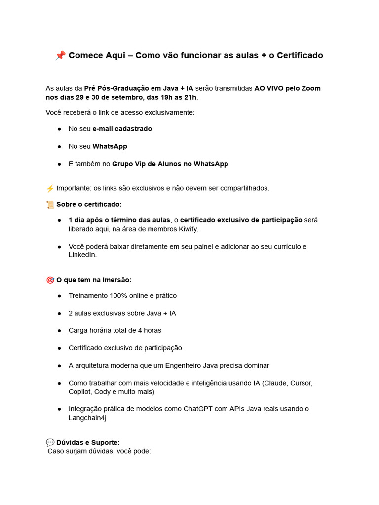 Aulas de Java + IA: Certificado e Detalhes | PDF