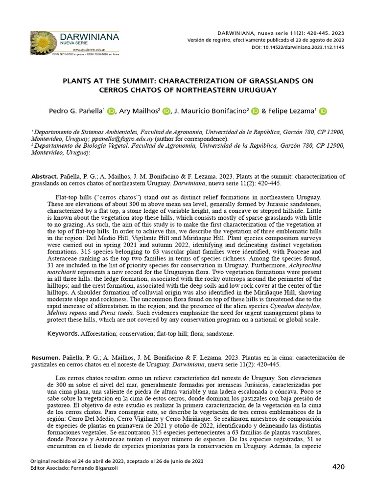 2023 - Pañella Et Al - Cerros Chatos Norte de Uruguay | PDF | Grassland ...