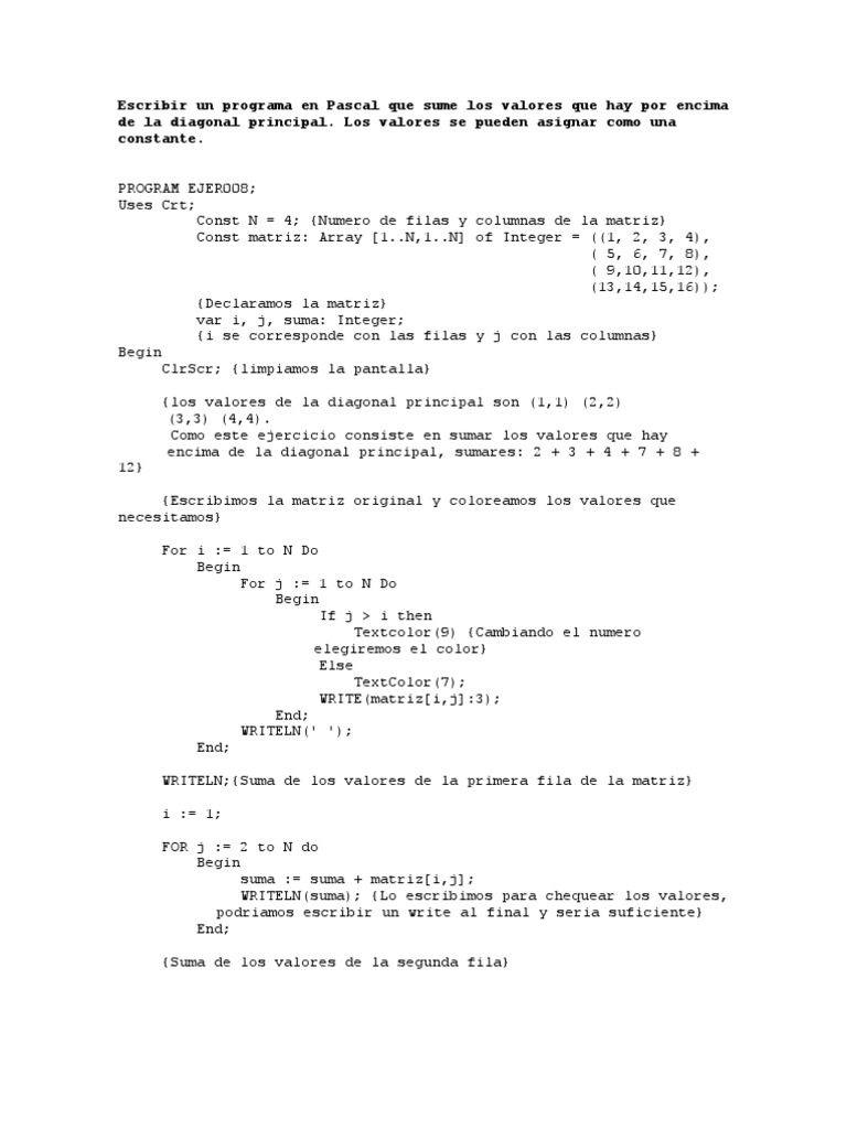 Escribir Un Programa en Pascal Que Sume Los Valores Que Hay Por Encima | PDF | Datos de ...