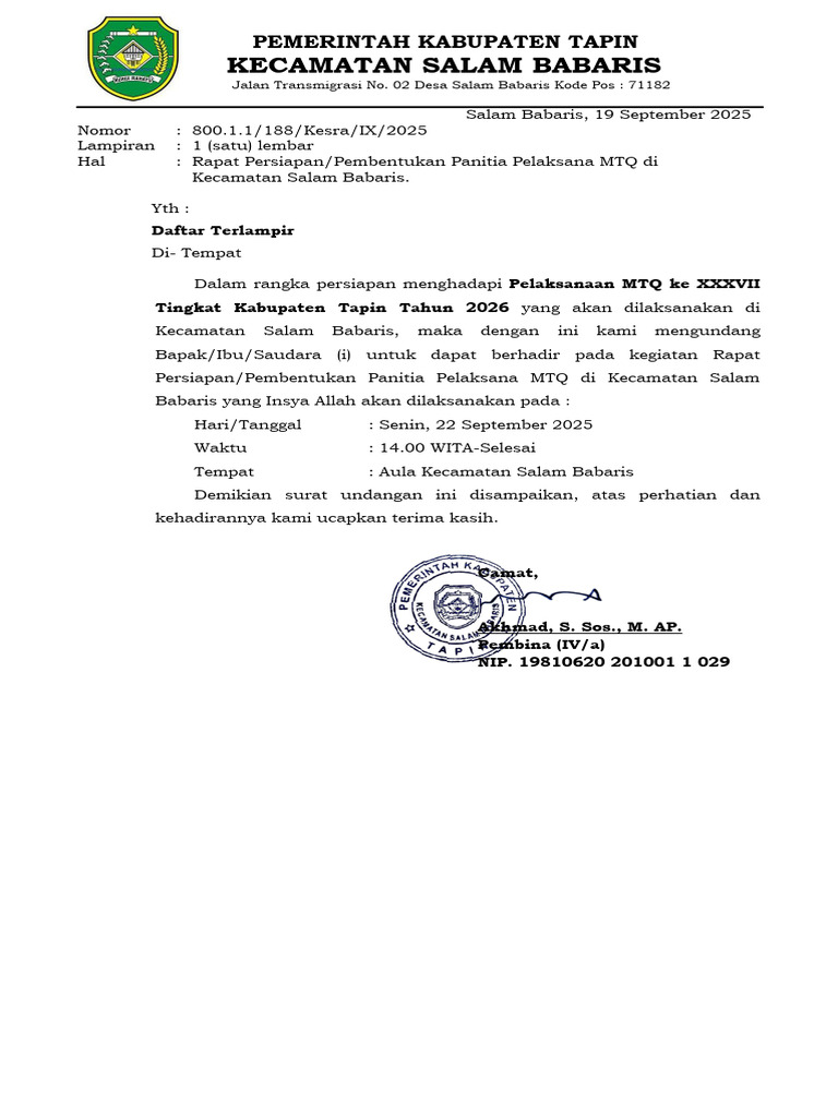 Surat Undangan Persiapan MTQ | PDF