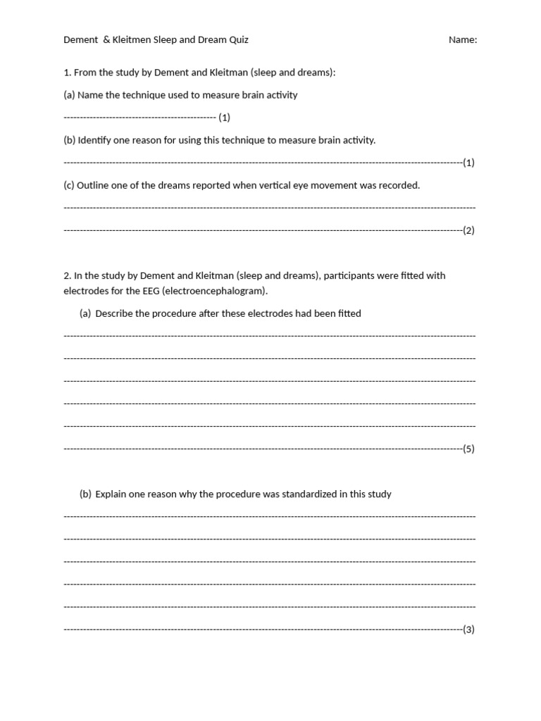Dement & Kleitman Sleep Study Quiz | PDF | Electroencephalography | Dream