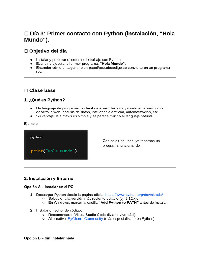 Día 3 - Primer Contacto Con Python (Instalación, "Hola Mundo") | PDF ...