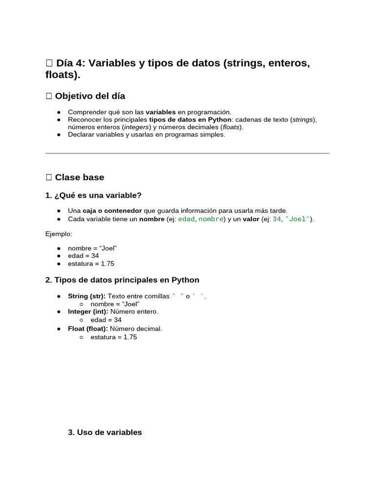 Día 4 - Variables y Tipos de Datos (Strings, Enteros, Floats) | PDF | Tipo de datos | Python ...