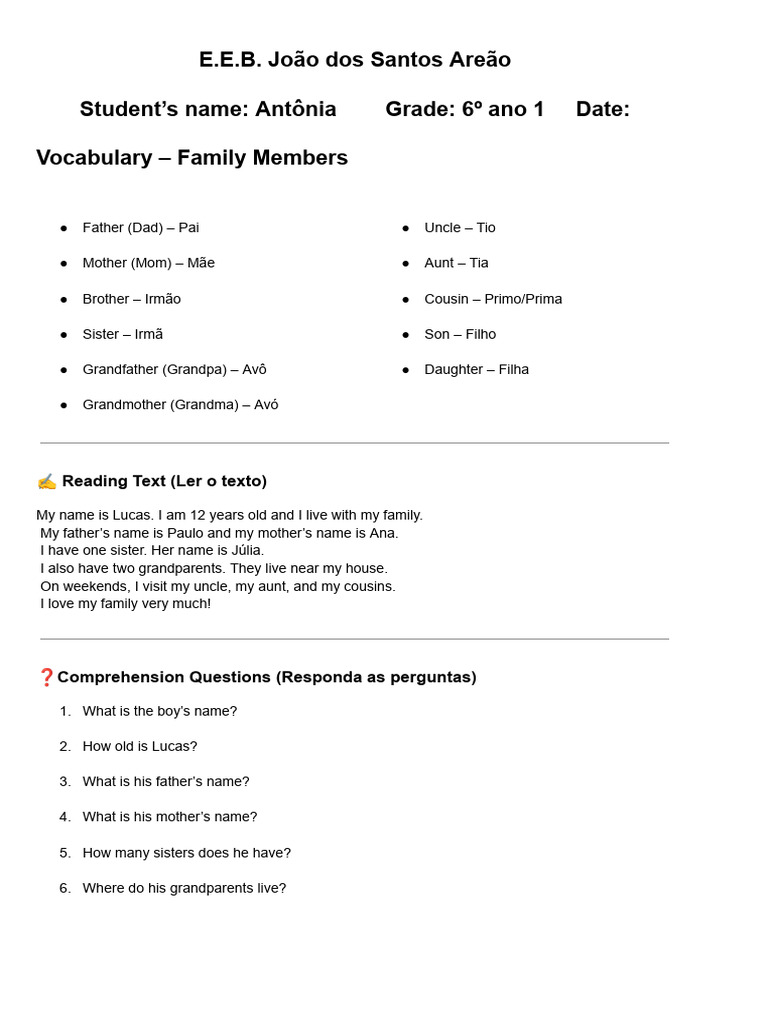 Vocabulary - Family Members | PDF