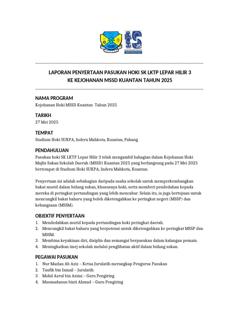 Laporan Hoki SK LKTP Lepar Hilir 3 | PDF