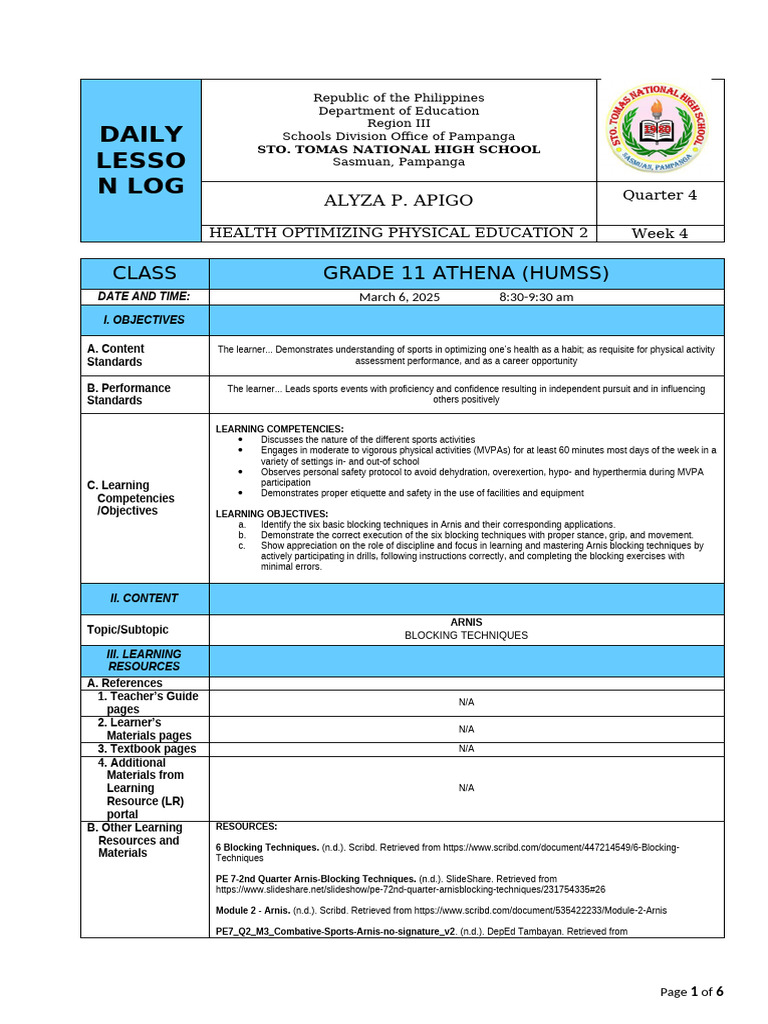 DLL Hope 2 Arnis Classroom Observation | PDF | Learning | Educational Technology