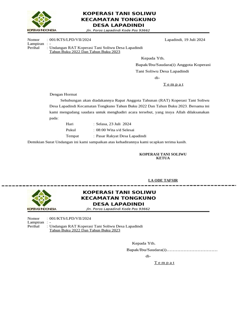 Undangan RAT Koperasi Tani Soliwu 2024 | PDF