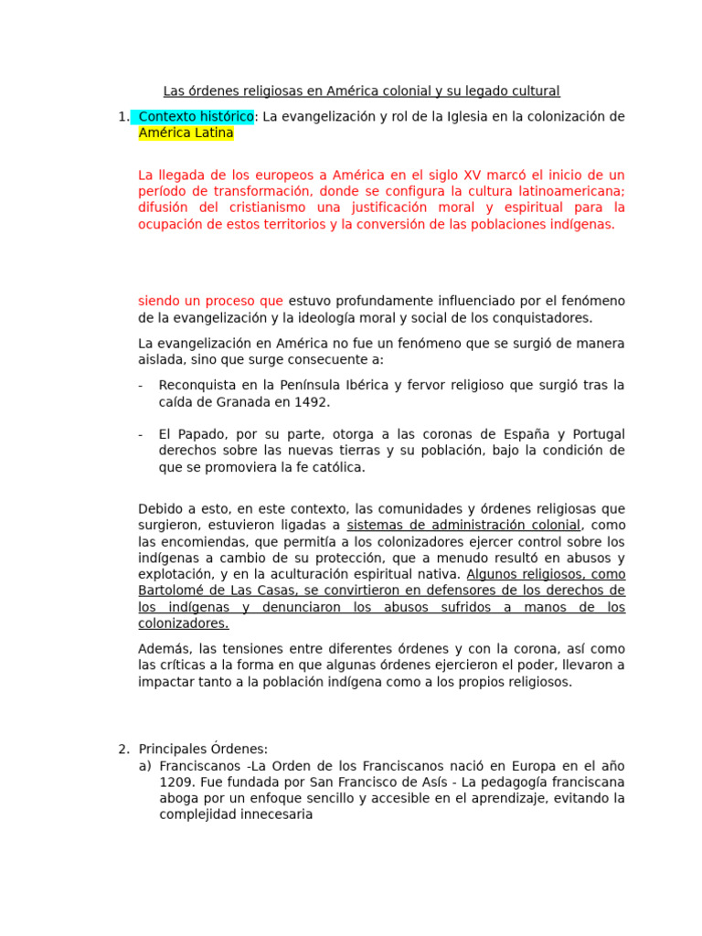 Las Órdenes Religiosas en América Colonial y Su Legado Cultural | PDF ...