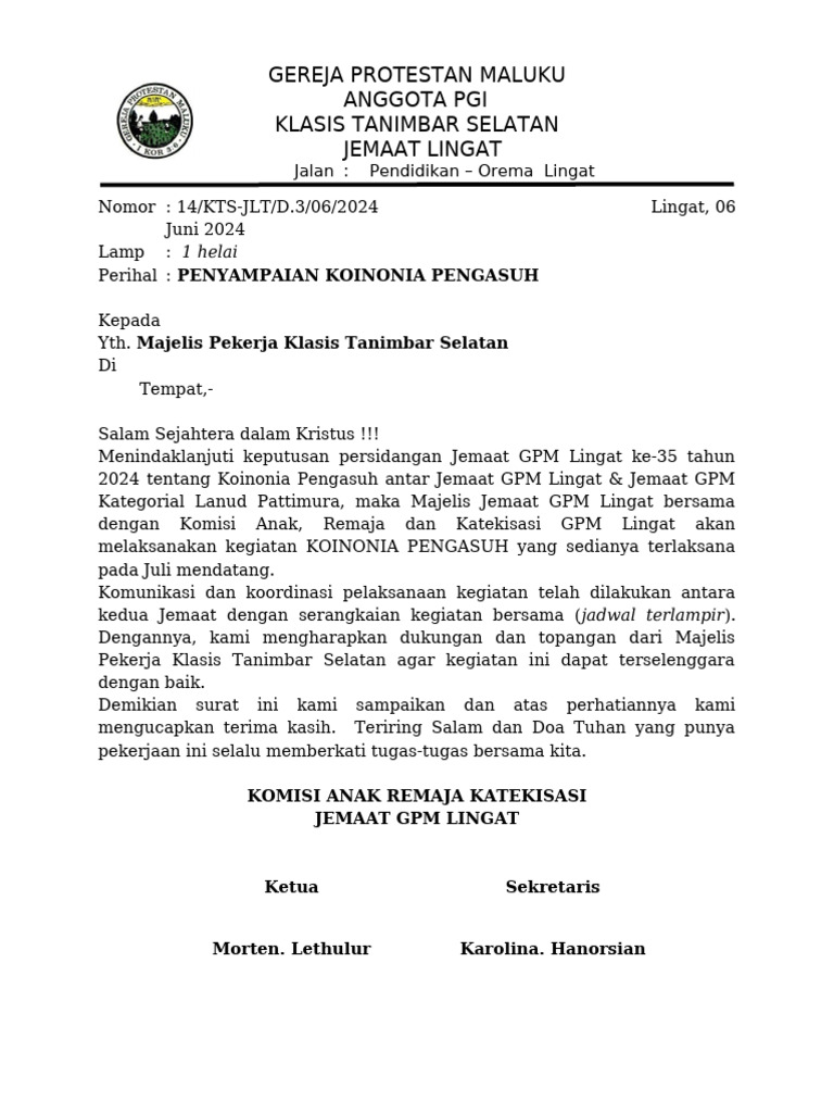 Koinonia Pengasuh GPM Lingat Juli 2024 | PDF