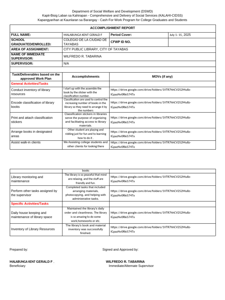 ACCOMPLISHMENT-REPORT Kent | PDF | Libraries