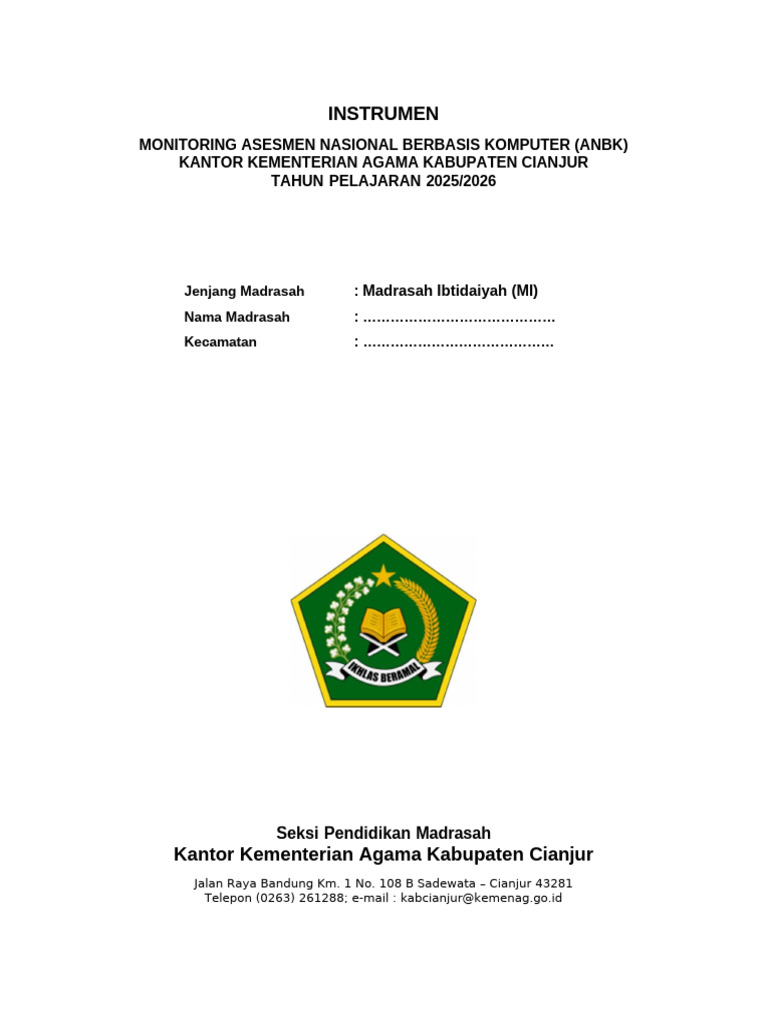 Instrumen ANBK Madrasah Cianjur 2025/2026 | PDF