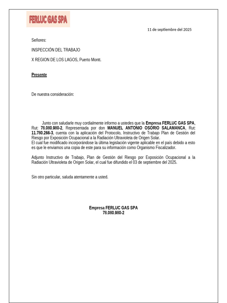Protocolo de Riesgo UV en FERLUC GAS SPA | PDF