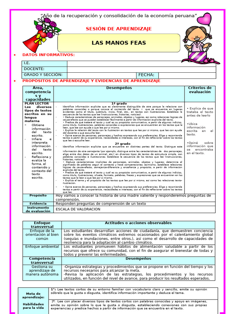 U2 S3 Sesion D4 Plan Lector Las Manos Feas | PDF | Aprendizaje ...