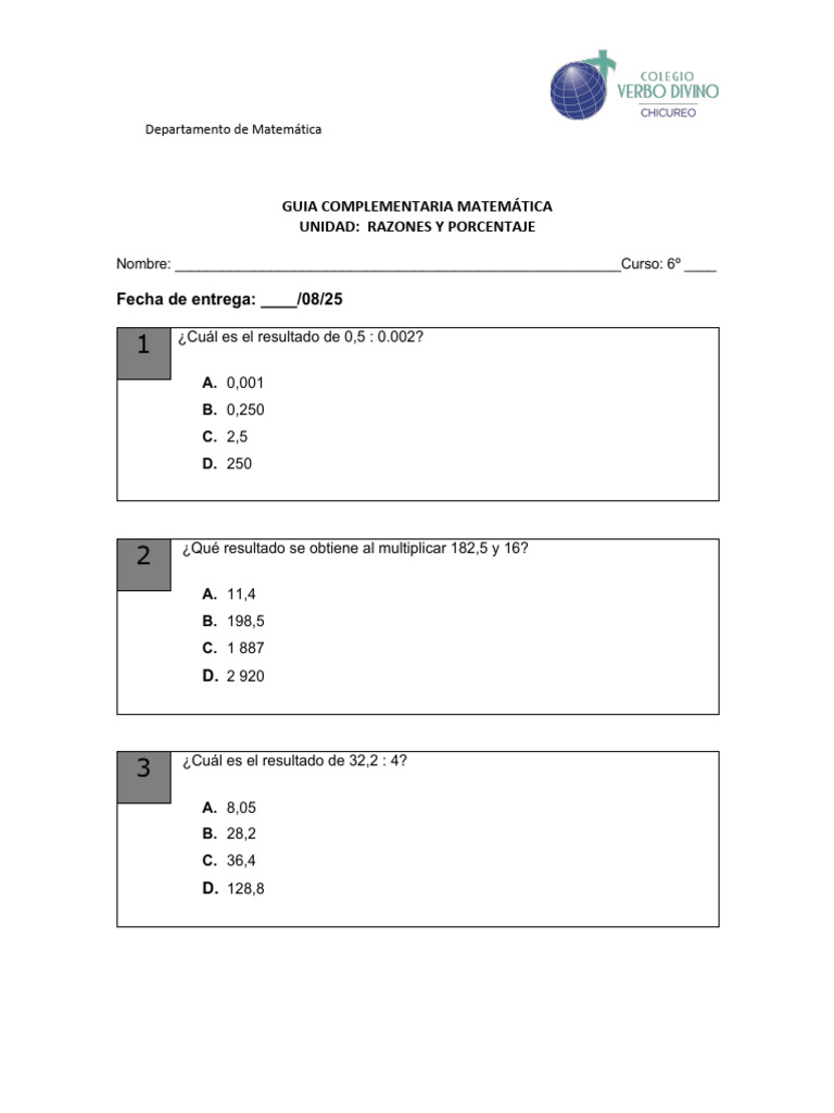 Guía de Razones y Porcentajes 6º grado | PDF | Porcentaje