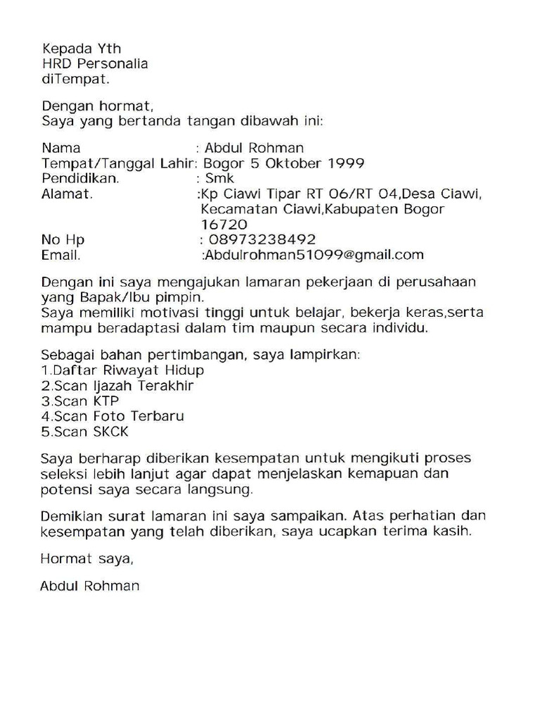 Lamaran Kerja Abdul Rohman | PDF