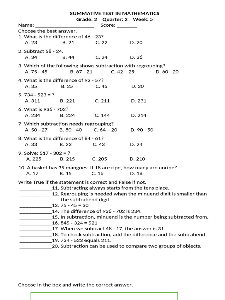 Summative Test in Mathematics 2 q2w5 | PDF | Subtraction | Arithmetic