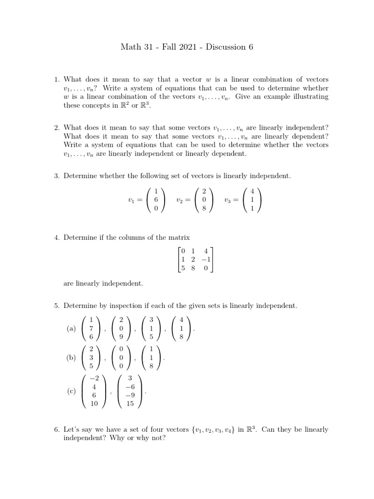 Linear Independence of Vectors | PDF