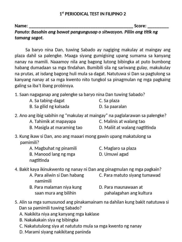 1st Periodical Test Reviewer in Filipino 2 | PDF