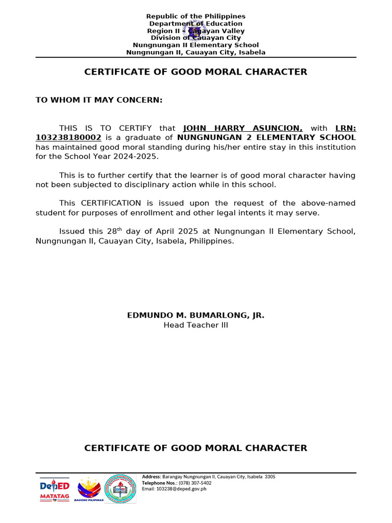 Certificate of Good Moral Character | PDF | Government | Philippines