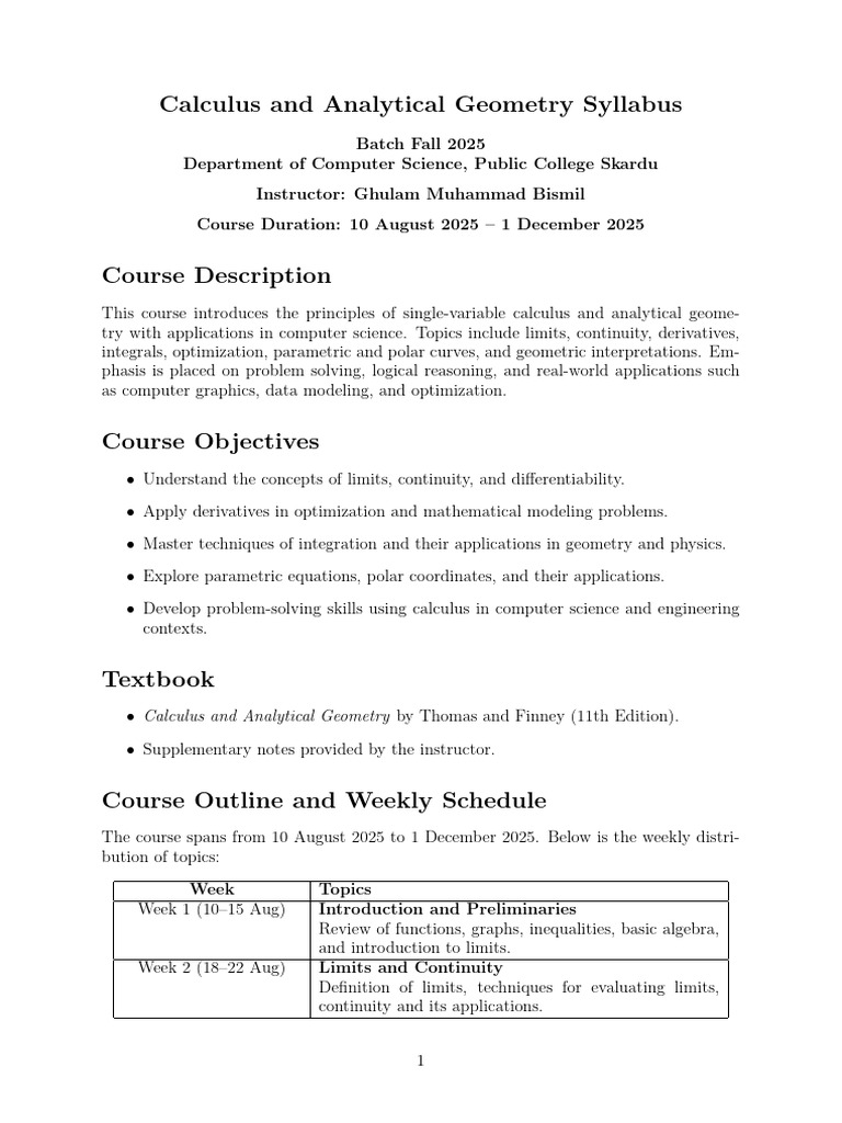 Calculus & Geometry Syllabus Fall 2025 | PDF | Integral | Analytic Geometry