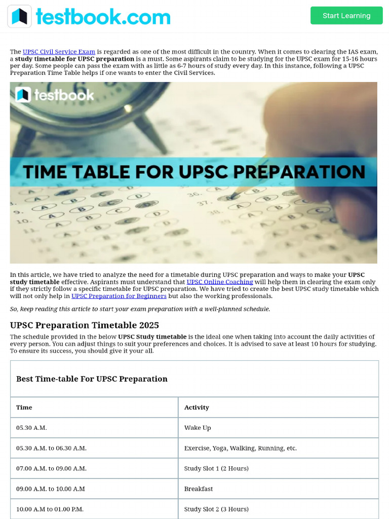 Time Table For UPSC Preparation - Get Detailed Study Plan For UPSC | PDF