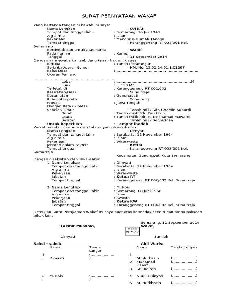 Surat Wakaf Tanah untuk Ibadah | PDF