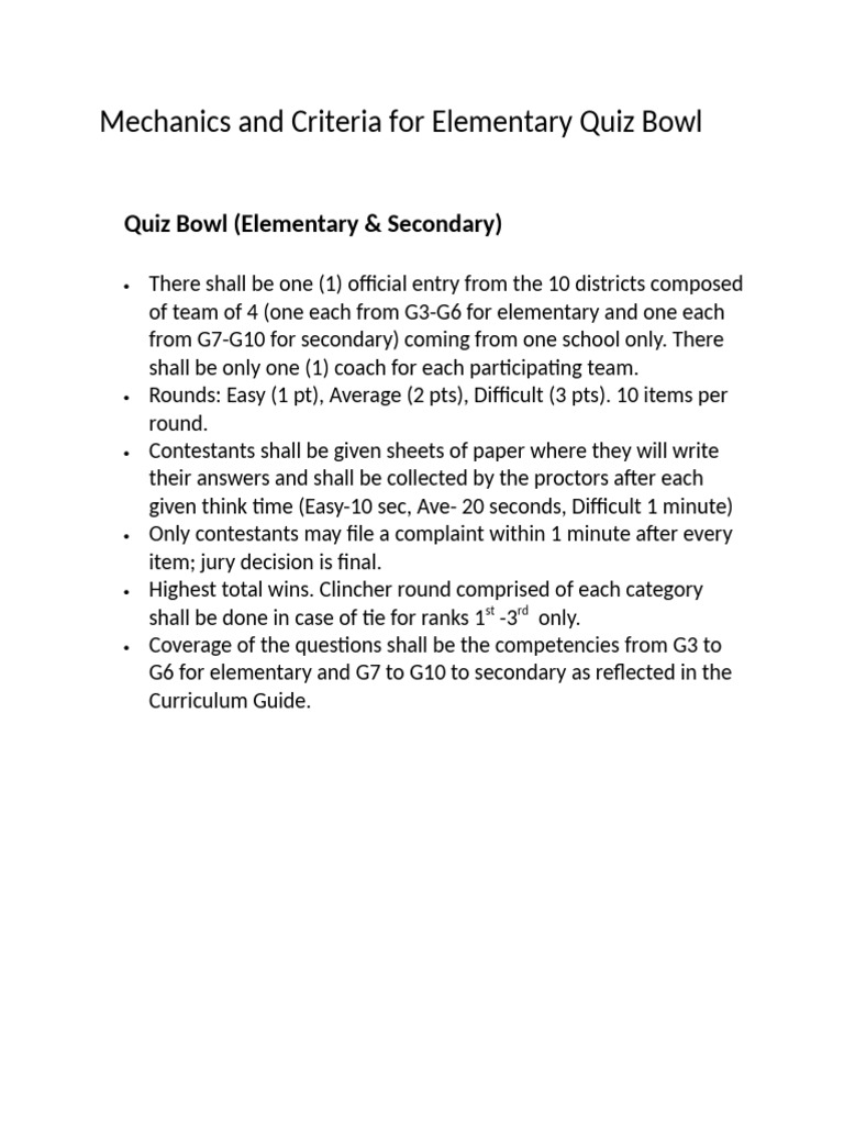 Elementary Quiz Bowl and Contest Criteria | PDF
