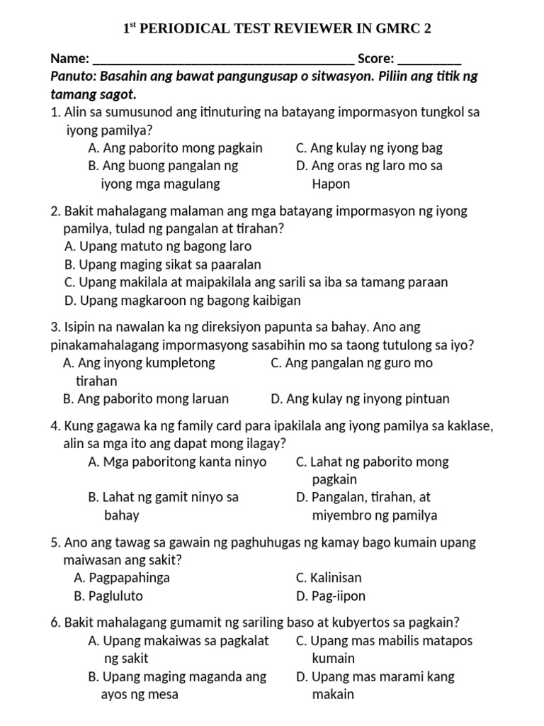 1st Periodical Test Reviewer in GMRC 2 q1 | PDF