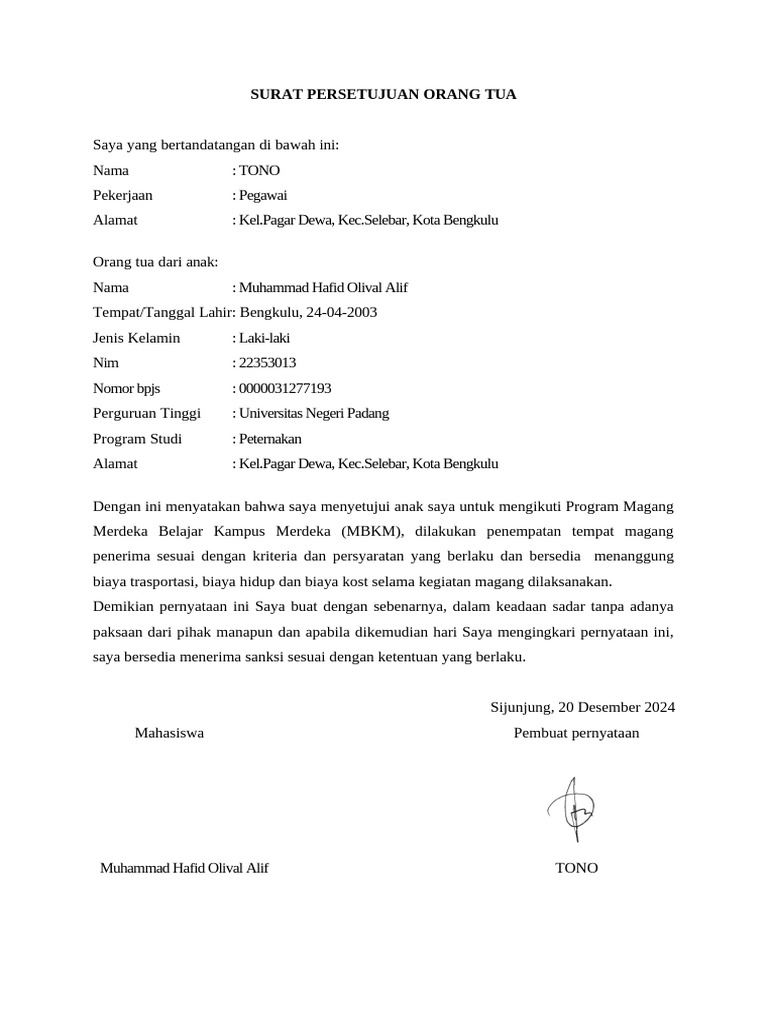 Surat Persetujuan Orang Tua Muhammad Hafid | PDF