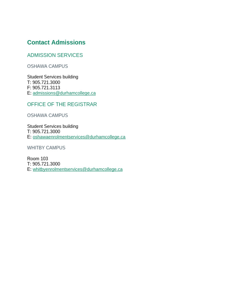 Durham College Admissions Contact Info | PDF