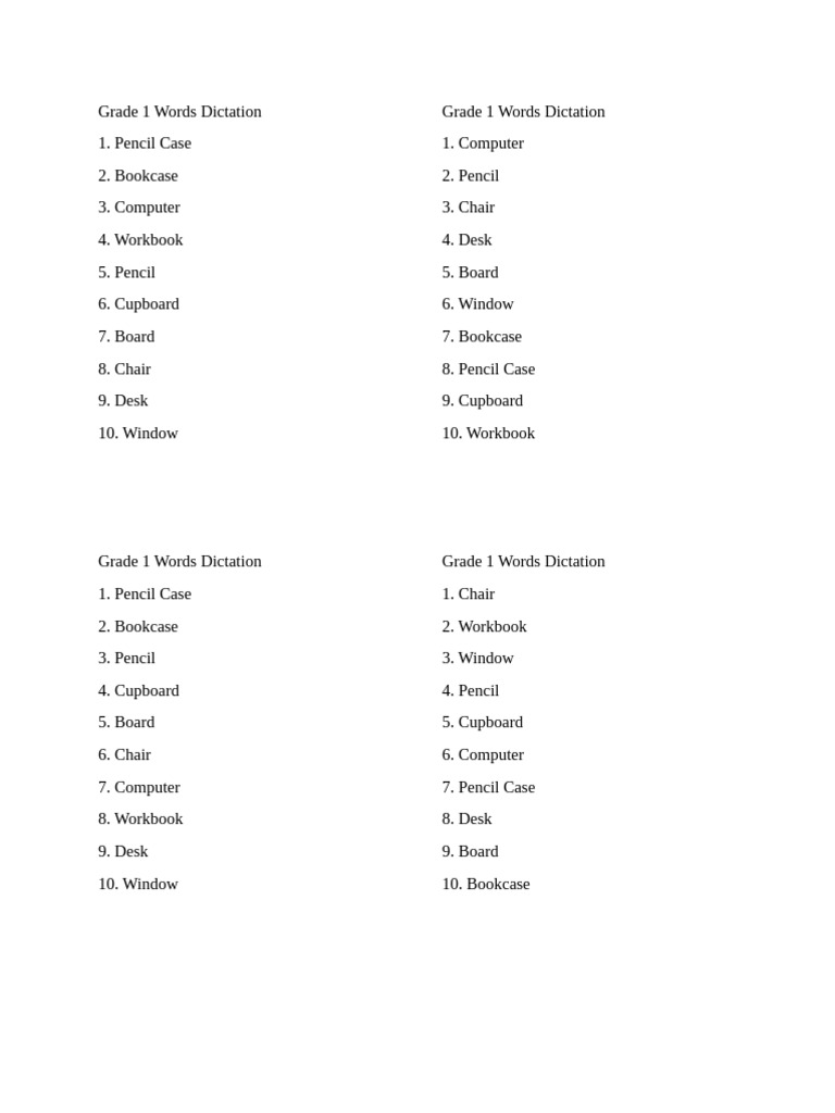 Grade 1 Dictation Word List | PDF